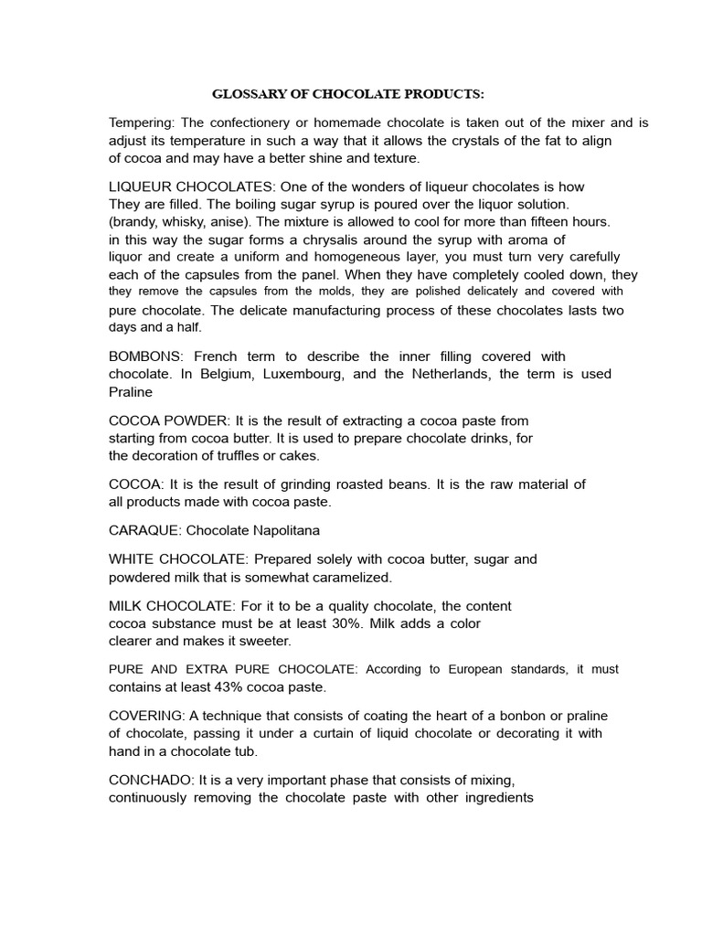 Glossary of Chocolate Products | PDF | Chocolate | Caramel