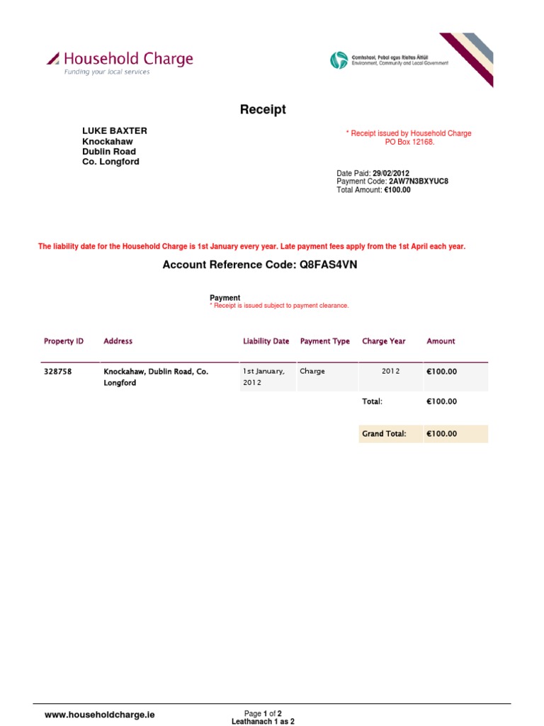 Household Charge Payment Receipt | PDF