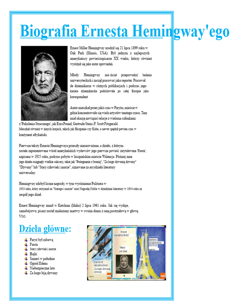 Biografia Ernesta Hemingwaya Stary Człowiek I Morze | PDF