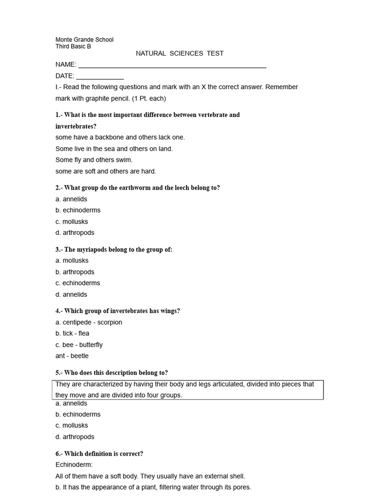 Test Natural Sciences Vertebrates and Invertebrates Nb2 | PDF ...