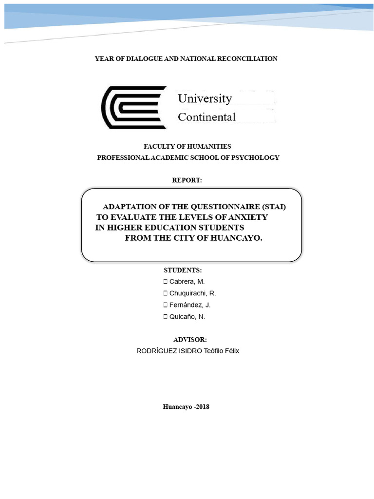 Adaptation Report - Stai | PDF | Anxiety | Anxiety Disorder