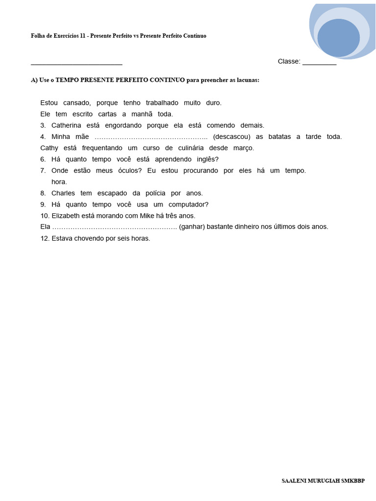 Exercícios: Presente Perfeito e Contínuo | PDF