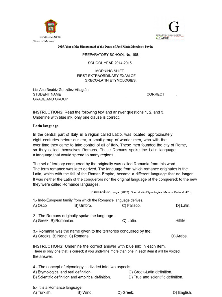 1 Extraordinary Exam of Greco-Latin Etymologies | PDF | Latin | Subject (Grammar)