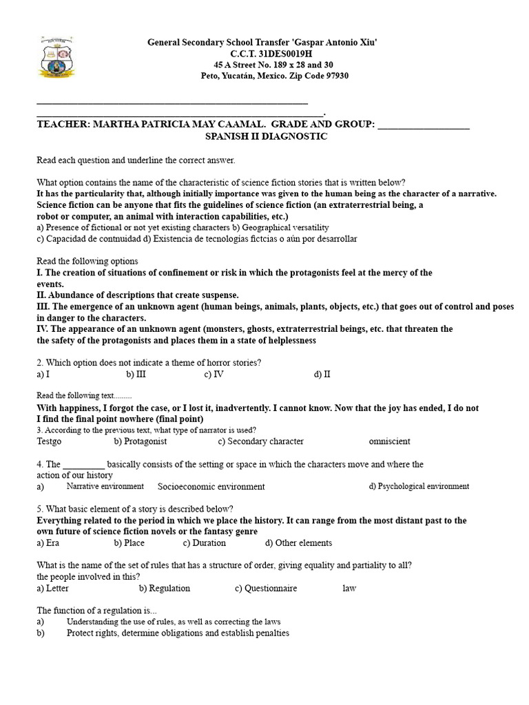 Spanish Diagnostic Second Grade 2023-2024 | PDF | Narrative | Narration