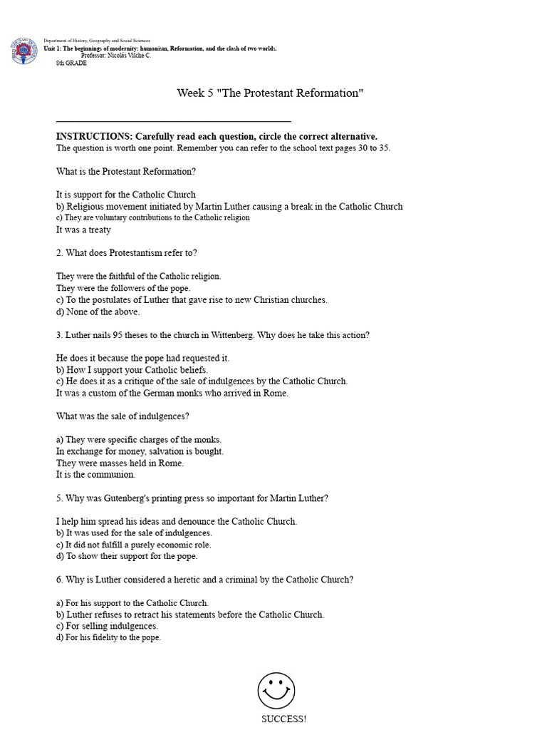 Questionnaire On The Protestant Reformation | PDF