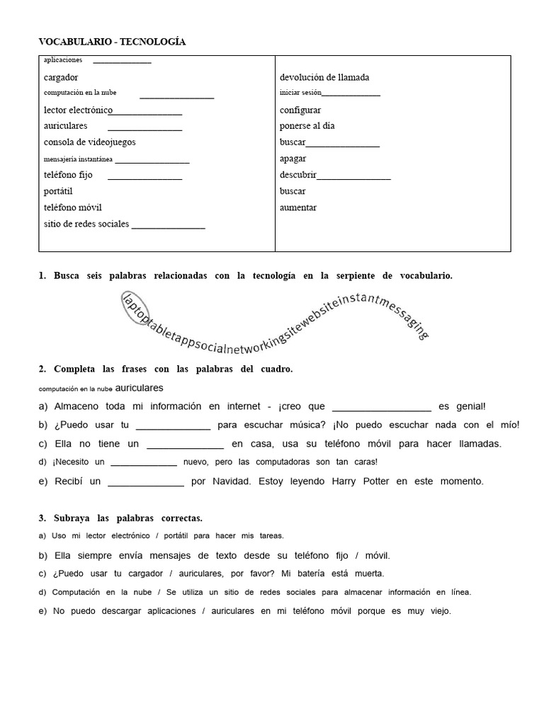 Vocabulario Tecnología + Ejercicios | PDF | Informática