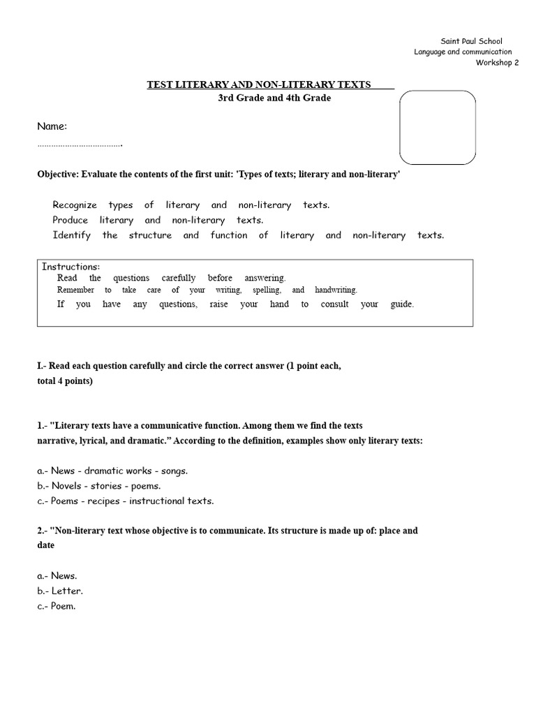 TEST LITERARY AND NON-LITERARY TEXTS 3rd and 4th Grade | PDF