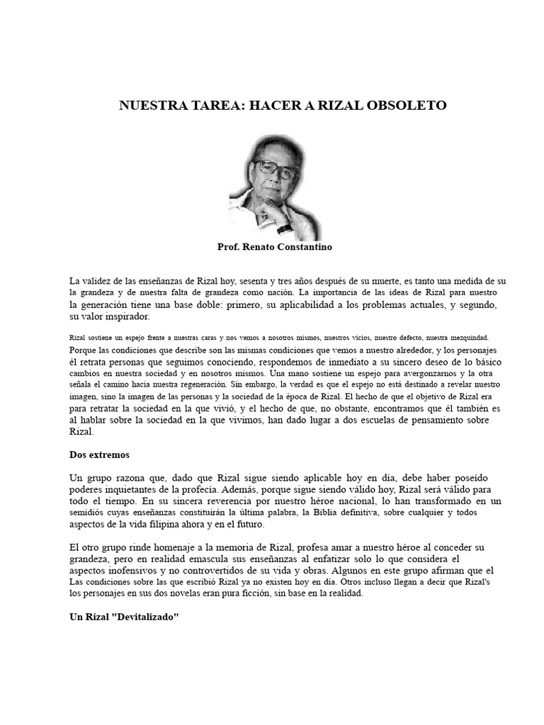 Nuestra Tarea, Hacer Obsoleto A Rizal - Renato Constantino | PDF ...