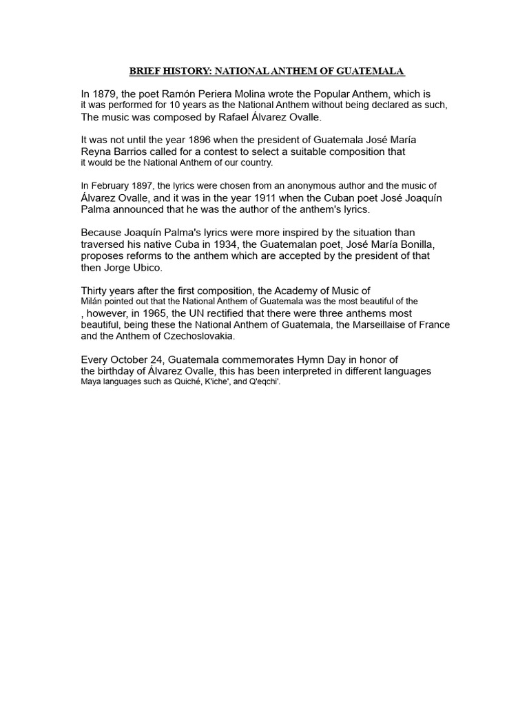 Brief History of The Anthem of Guatemala | PDF