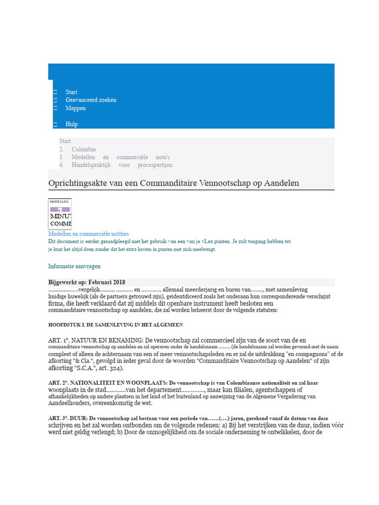 Statuten Van de Commanditaire Vennootschap Op Aandelen | PDF