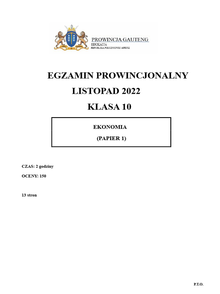 GR 10 Ekonomia P1 (Polski) Listopad 2022 Arkusz Pytań | PDF