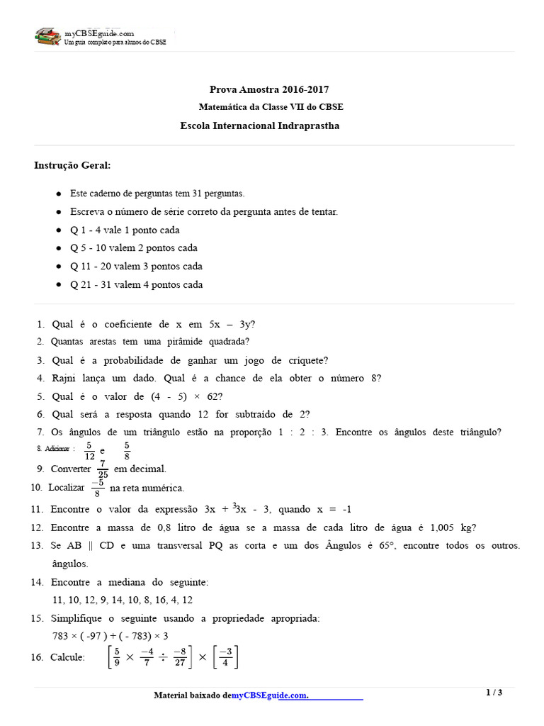 Prova de Matemática VII CBSE 2016-2017 | PDF | Matemática | Triângulo
