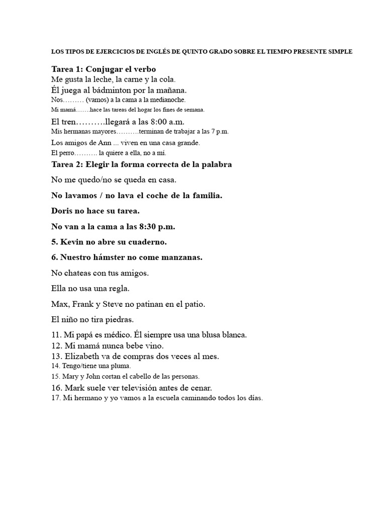 Tipos de Ejercicios de Inglés de Quinto Grado Sobre El Tiempo Presente ...
