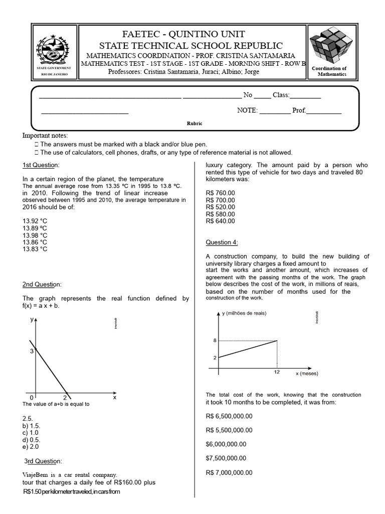 Math Test 1st Year of High School | PDF | Function (Mathematics ...