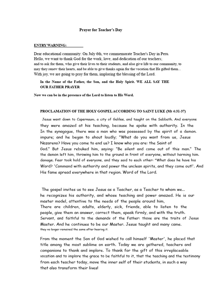 Prayer For Teacher's Day | PDF | Jesus | Lord's Prayer