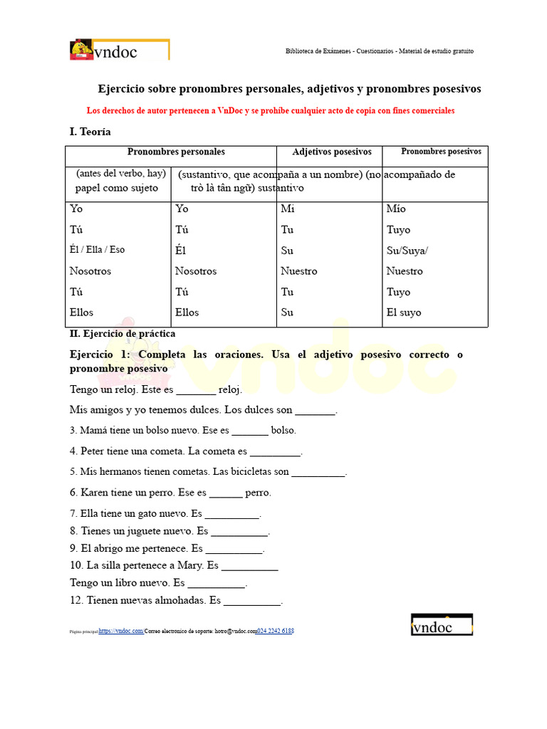 Ejercicio Sobre Los Pronombres Reflexivos y Los Pronombres Posesivos ...