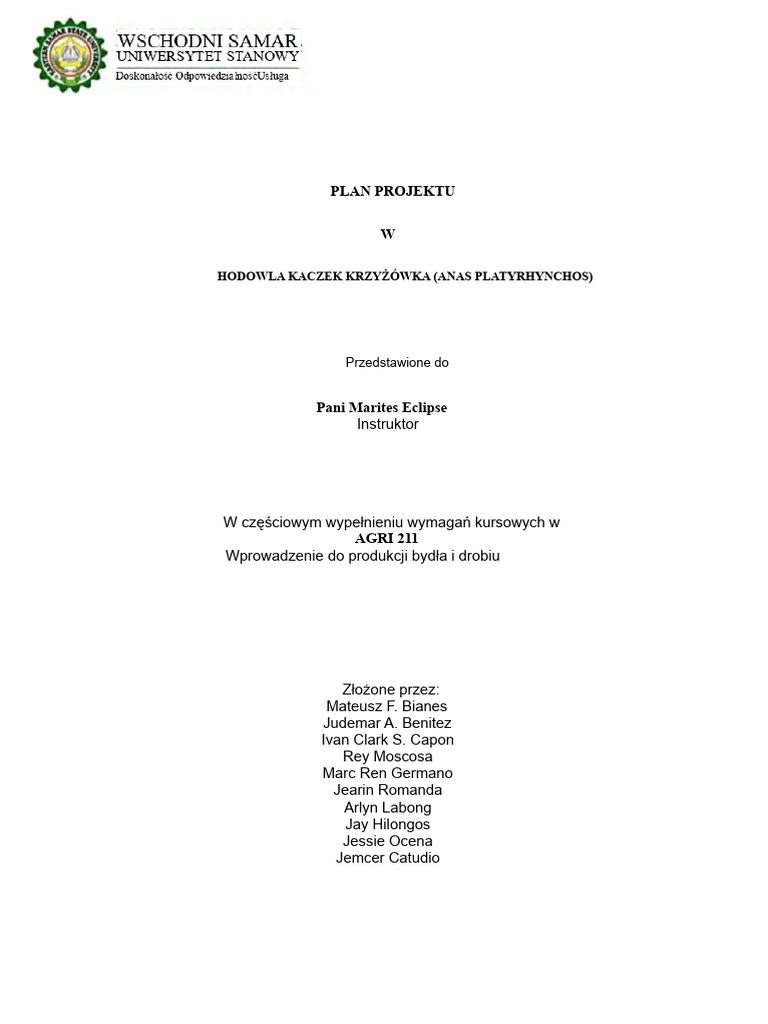 Plan Projektu Hodowli Kaczek | PDF