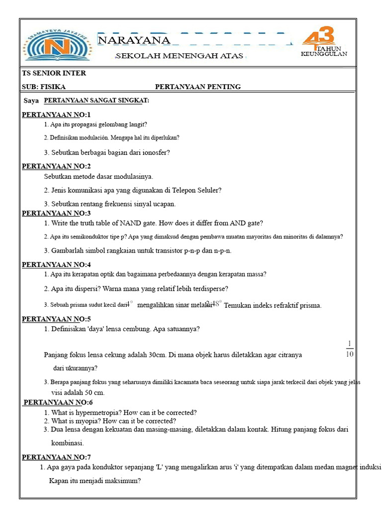 TS SR Physics Imp Questions | PDF