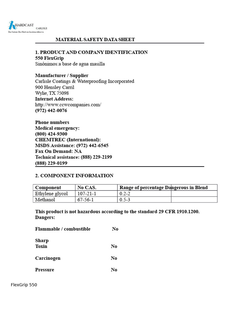 FlexGrip 550 Material Safety Data Sheet | PDF | Firefighting | Toxicity