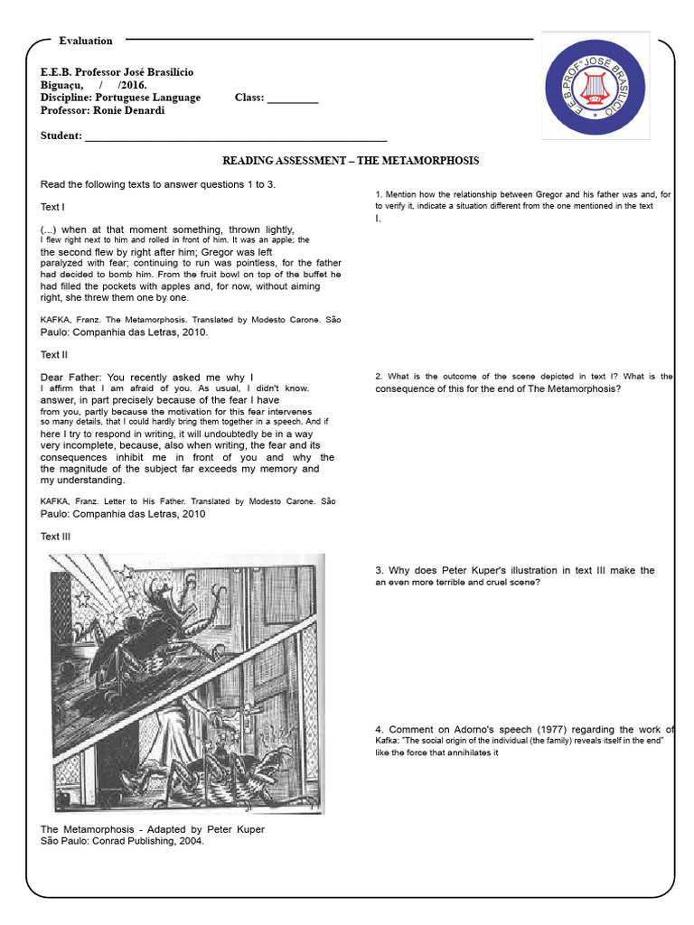 Kafka's "Metamorphosis" Reading Assessment | PDF | The Metamorphosis