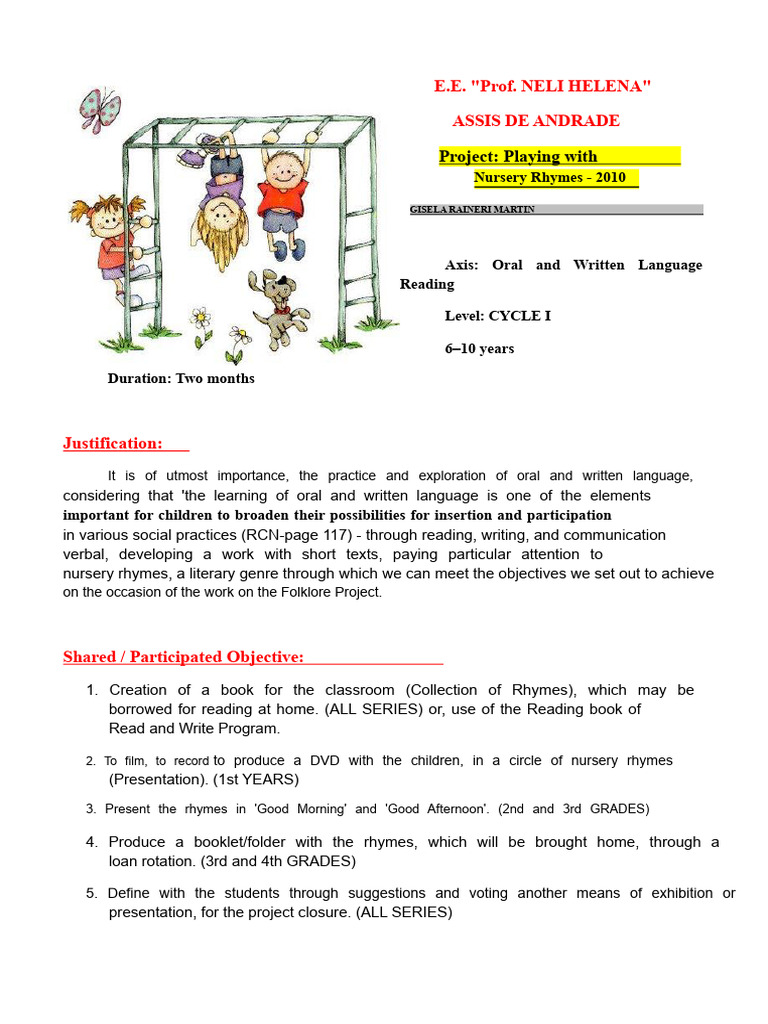 Nursery Rhymes Project Overview | PDF | Preschool | Learning