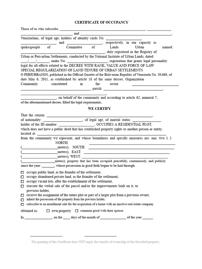 Certificate of Occupancy for Residential Plot | PDF | Property ...
