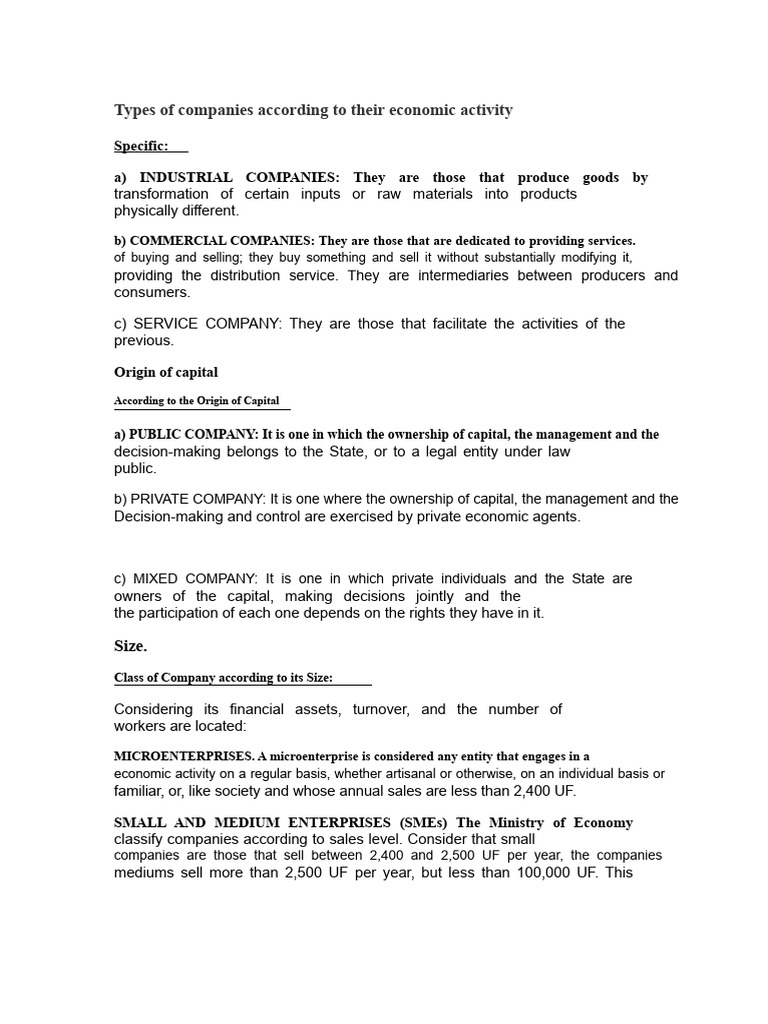 Types of Companies According To Their Economic Activity | PDF | Capital ...