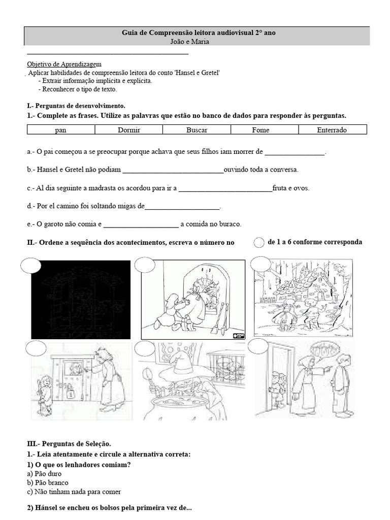 Compreensão Leitora: Hansel e Gretel 2º Ano | PDF | João e Maria
