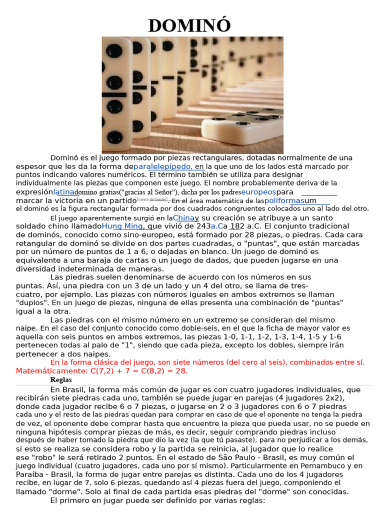 Reglas y Origen del Juego de Dominó | PDF | Juegos de mesa | Juegos de ...