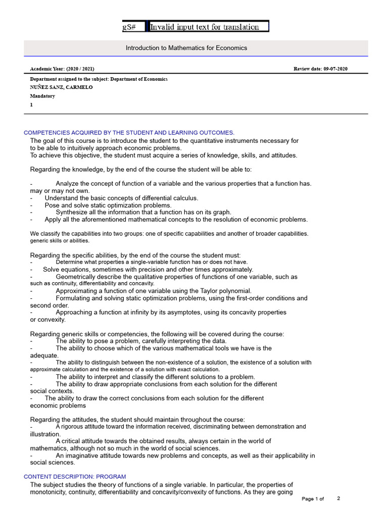 Mathematics for Economics Course Overview | PDF | Function (Mathematics ...