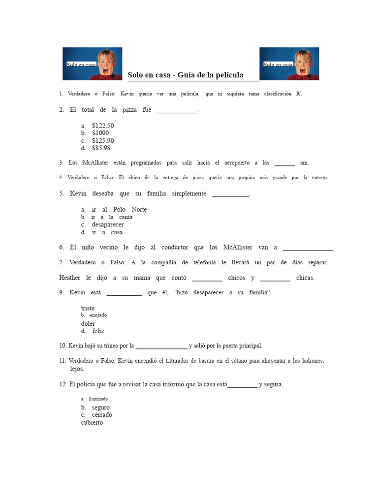 Guía de preguntas sobre "Solo en casa" | PDF