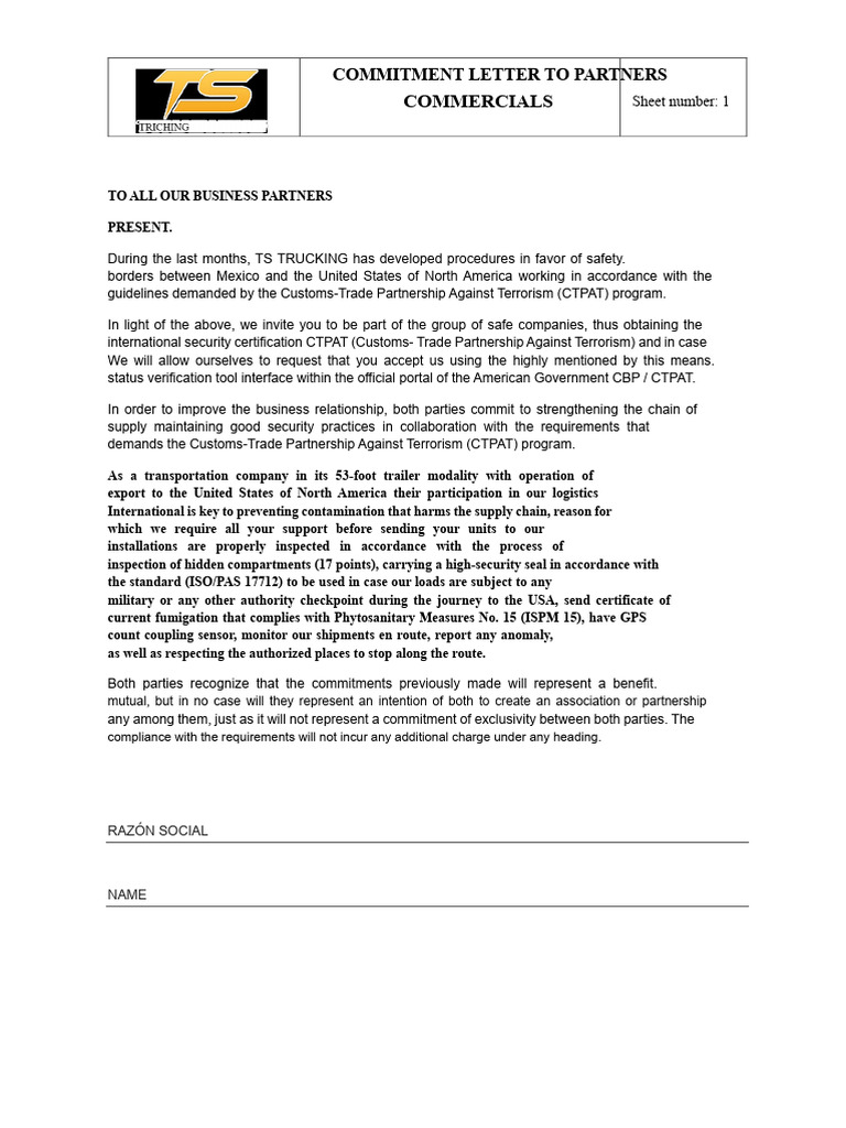 Letter of Commitment To Business Partners | PDF