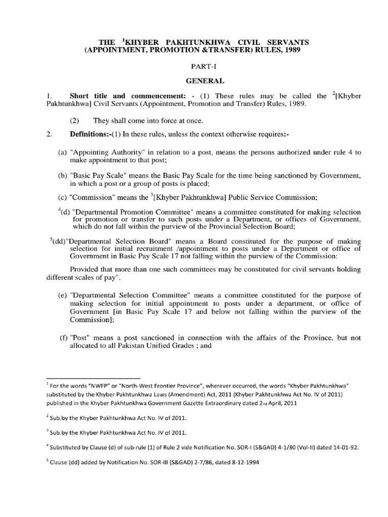 Civil Servants (Appointment, Promotion and Transfer) Rules 1989 | PDF