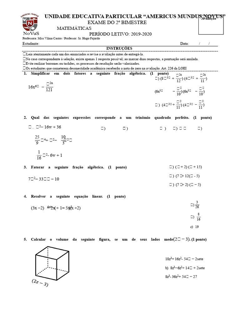 Exame de Matemática Do 9º Ano Do 2º Bimestre | PDF | Matemática ...