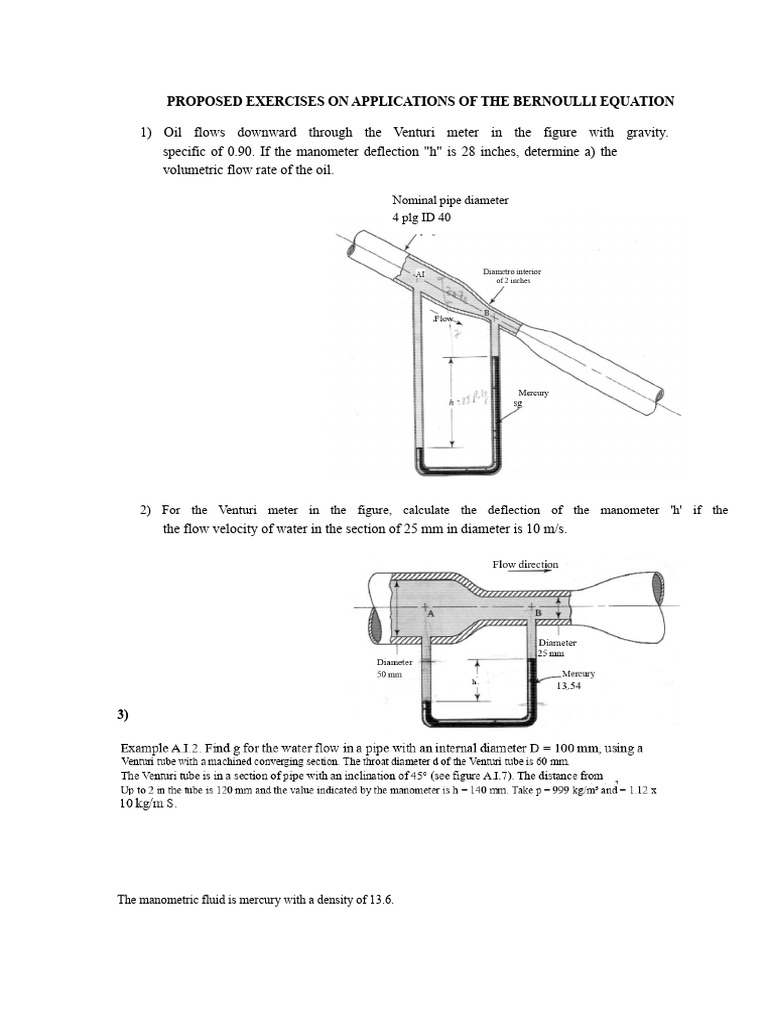 Bernoulli Equation Exercises and Solutions | PDF | Pressure Measurement ...