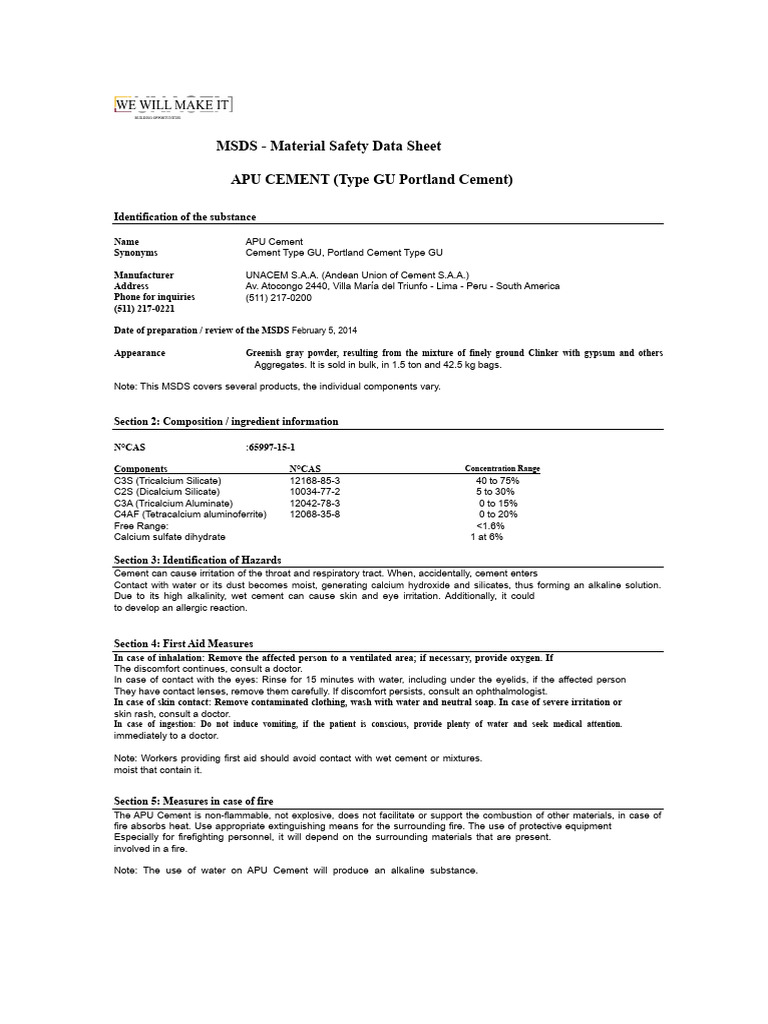 SAFETY DATA SHEET - MSDS Cement APU - Portland Cement Type GU | PDF | Cement | Dangerous Goods