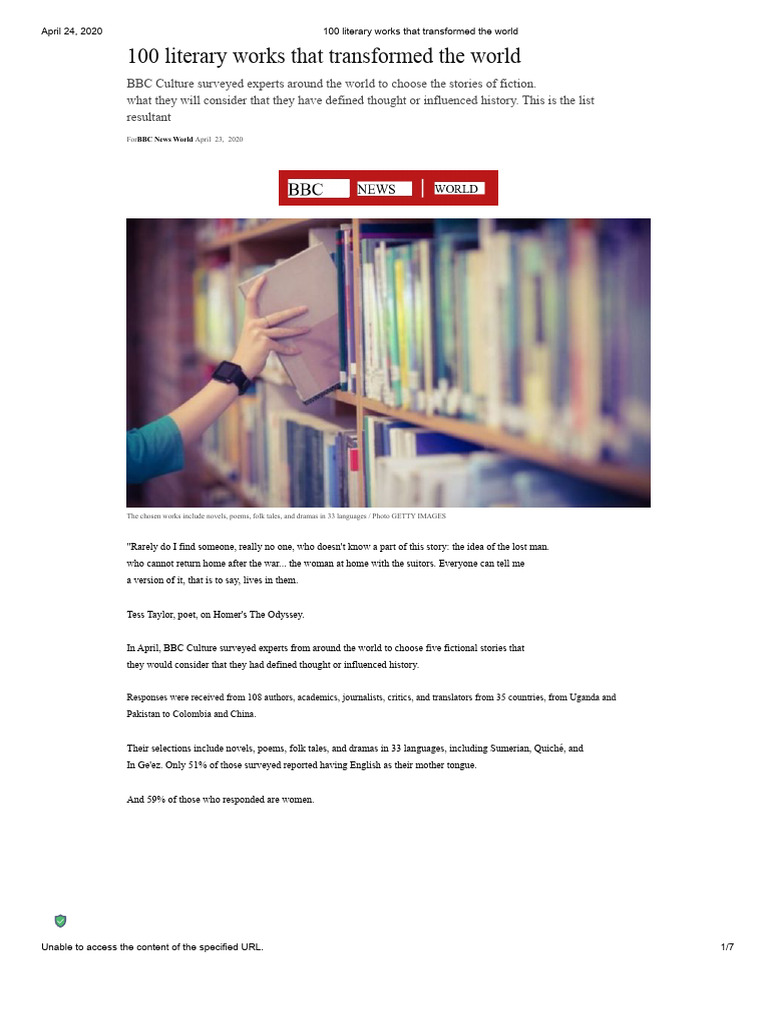 100 Literary Works That Transformed The World | PDF | Odyssey | Homer