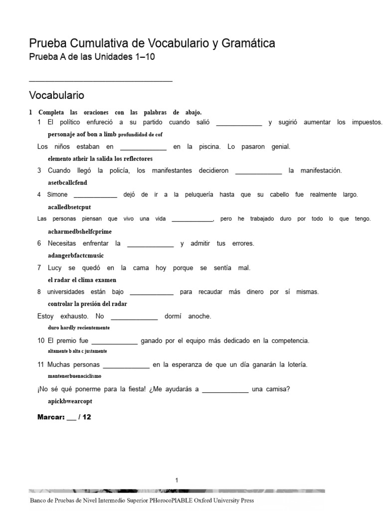 Prueba de Vocabulario y Gramática Acumulativa Unidades 1-10 Prueba A ...