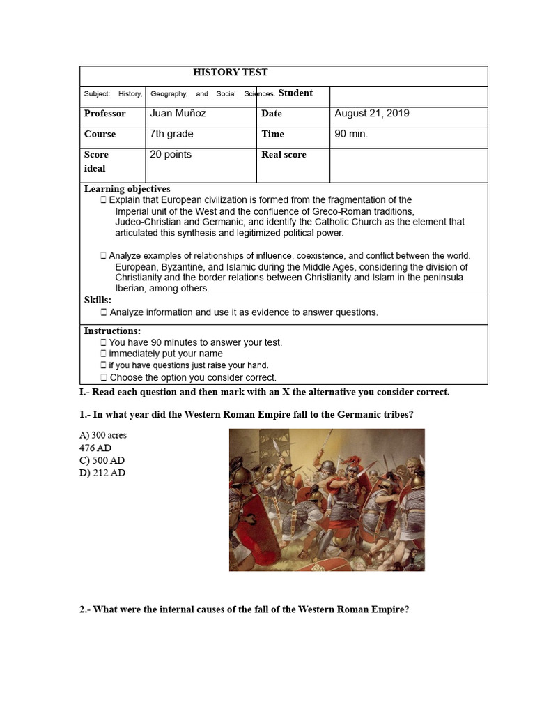 7th Grade History Test on Medieval Europe | PDF | Middle Ages | Roman ...