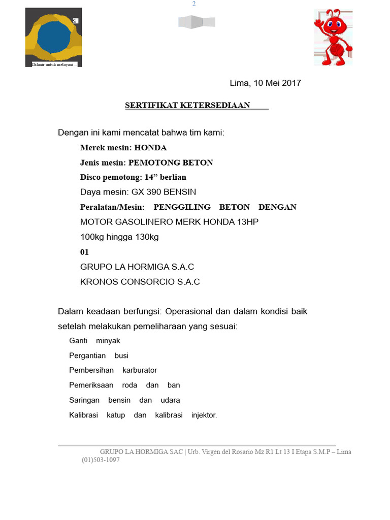 Sertifikat Operasional Pemotong 1 | PDF