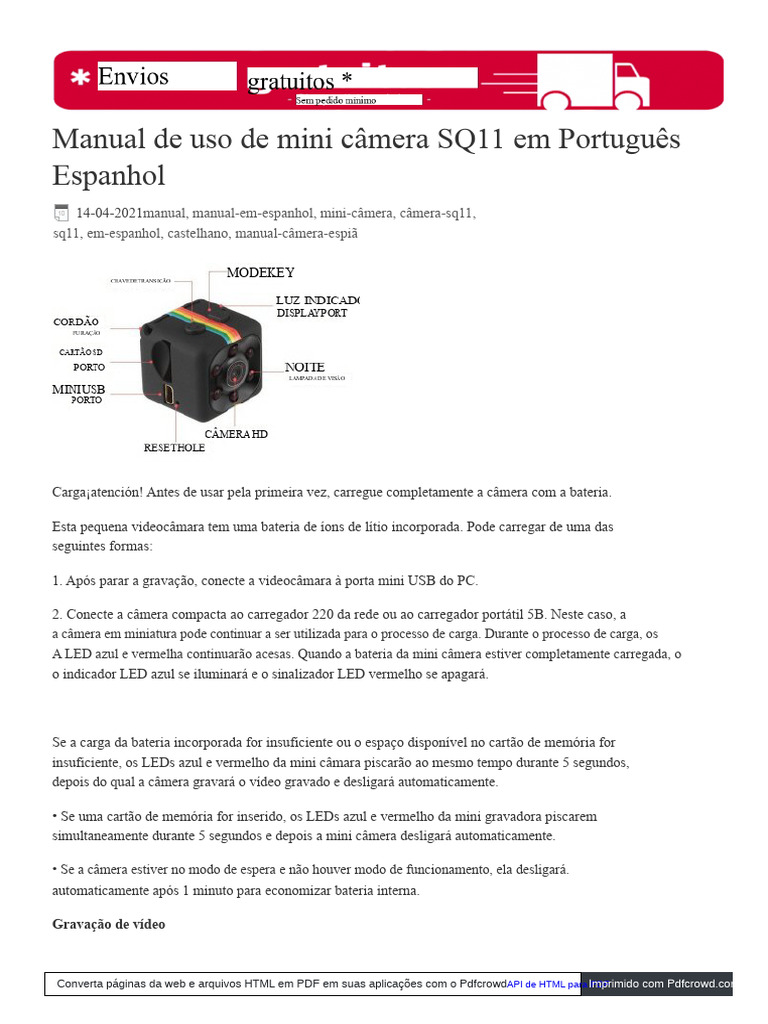 Manual da Mini Câmera SQ11 em Português | PDF | Câmera | Diodo emissor ...