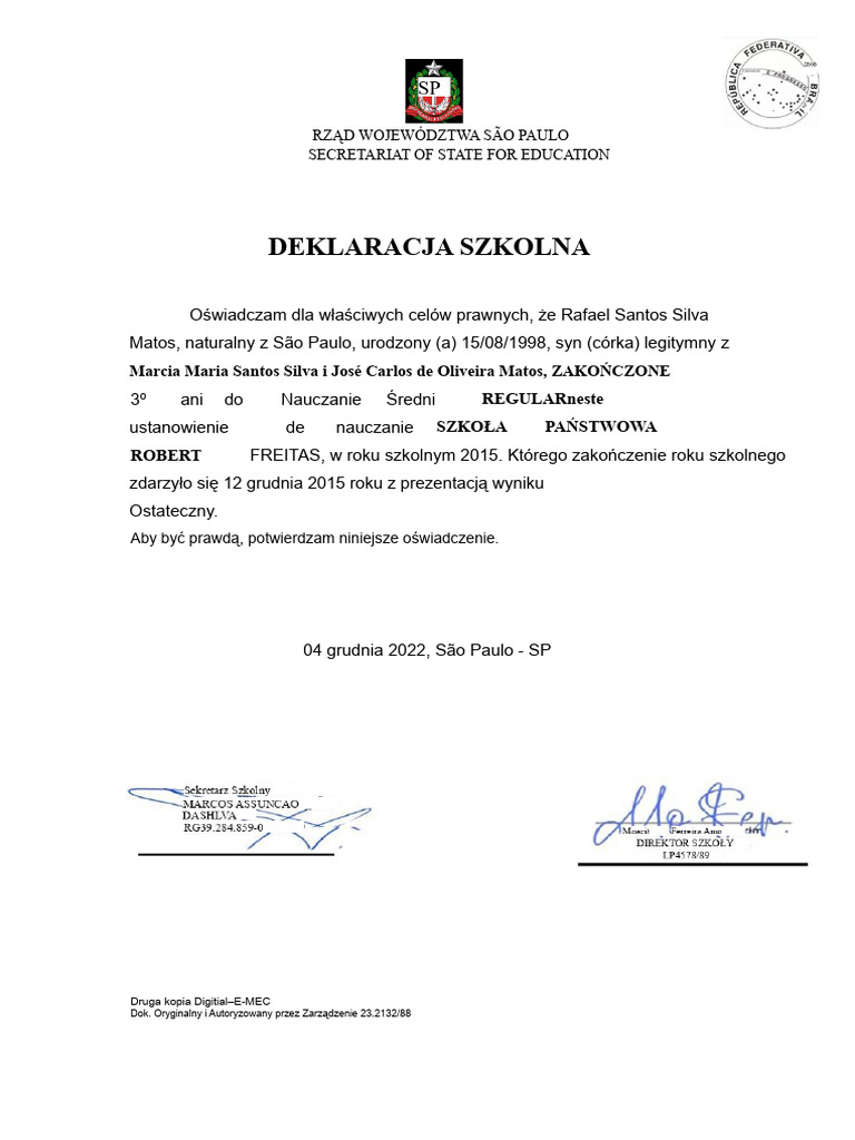 Oświadczenie Szkolne | PDF