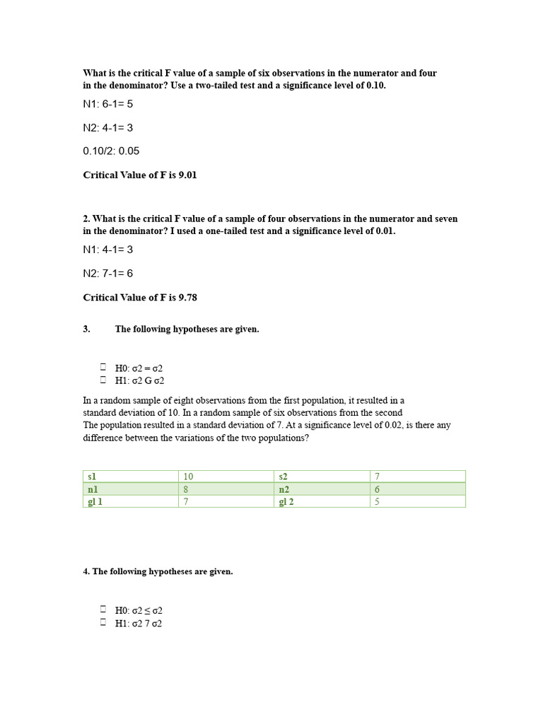 Critical F Values and Hypothesis Testing | PDF | Statistical ...