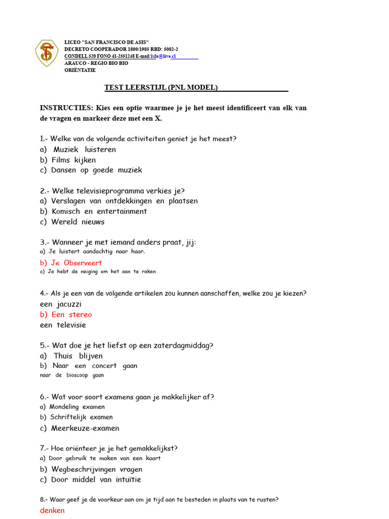 Test Leerstijl (PNL-model) | PDF