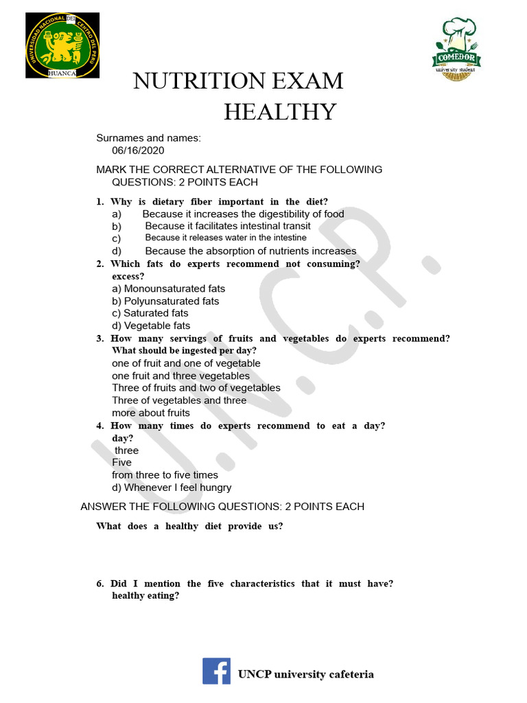 Healthy Eating Exam | PDF