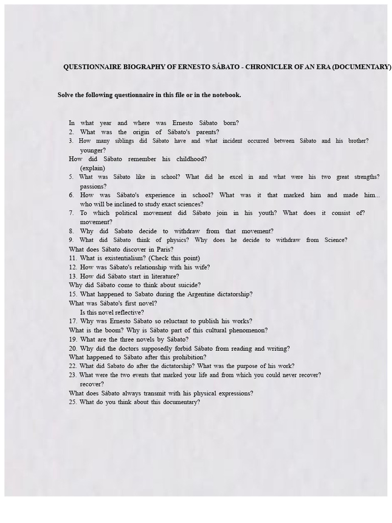 Ernesto Sábato Biography Questionnaire | PDF