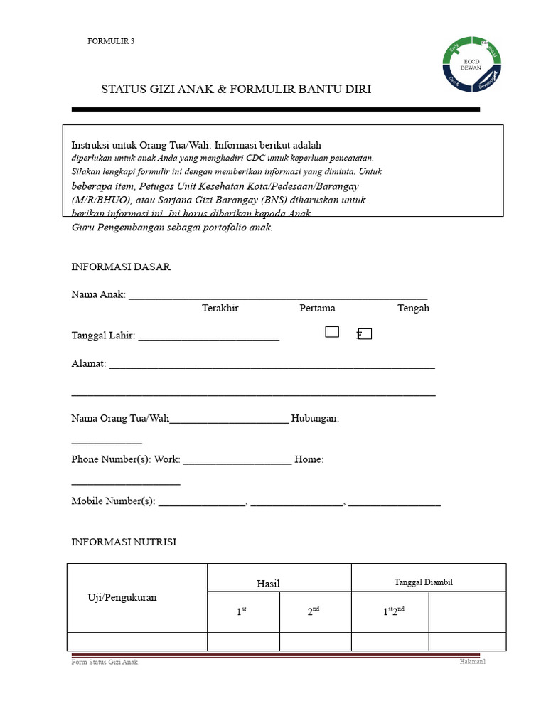 Formulir Status Gizi Anak NCDC-3 A4 | PDF