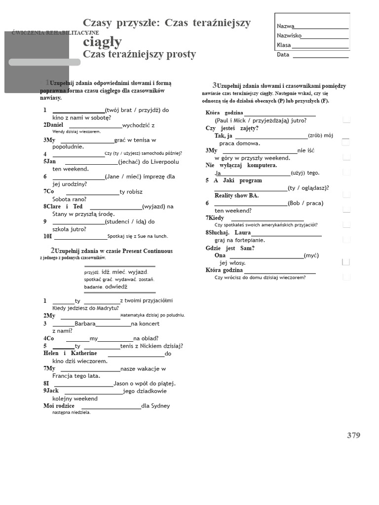 SSSG ANGIELSKI Czasy Przyszłe | PDF