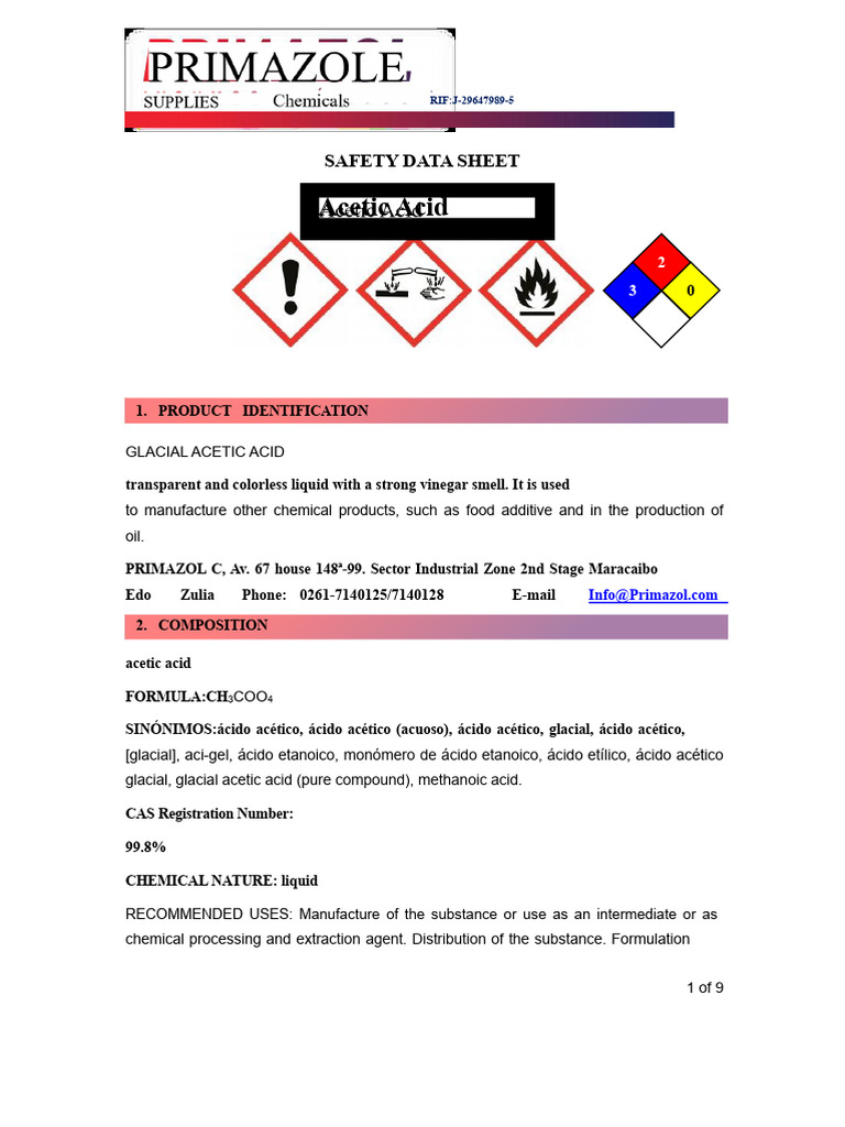 Safety Data Sheet For Acetic Acid | PDF | Dangerous Goods | Water
