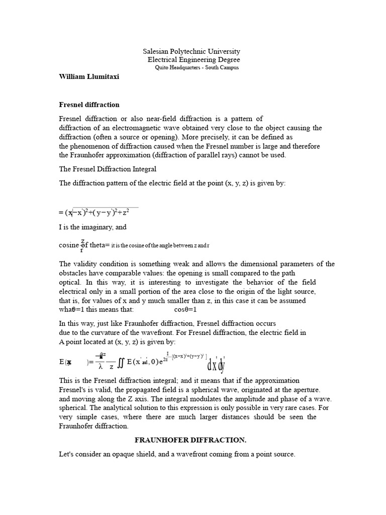 Fresnel Diffraction and Fraunhofer Diffraction | PDF | Diffraction | Classical Mechanics